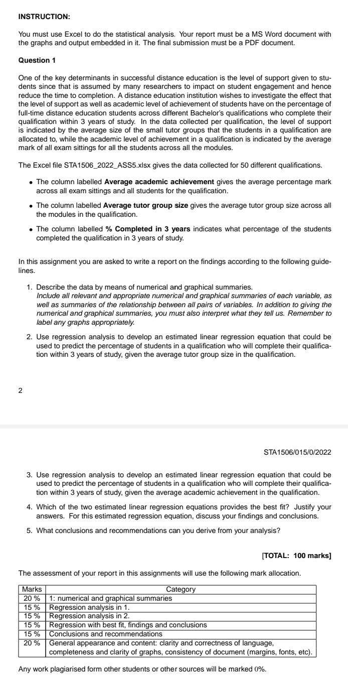 Solved INSTRUCTION: You must use Excel to do the statistical | Chegg.com
