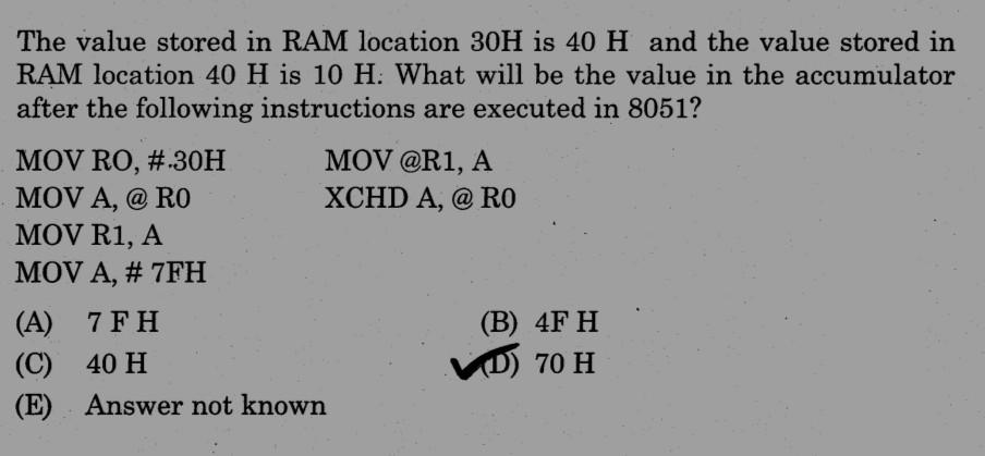 Solved The value stored in RAM location 30H is 40H and the | Chegg.com