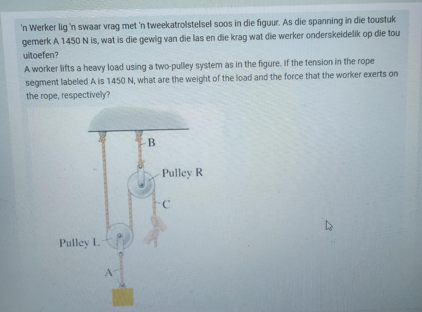 Solved 'n Werker lig 'n swaar vrag met 'n tweekatrolstelsel | Chegg.com