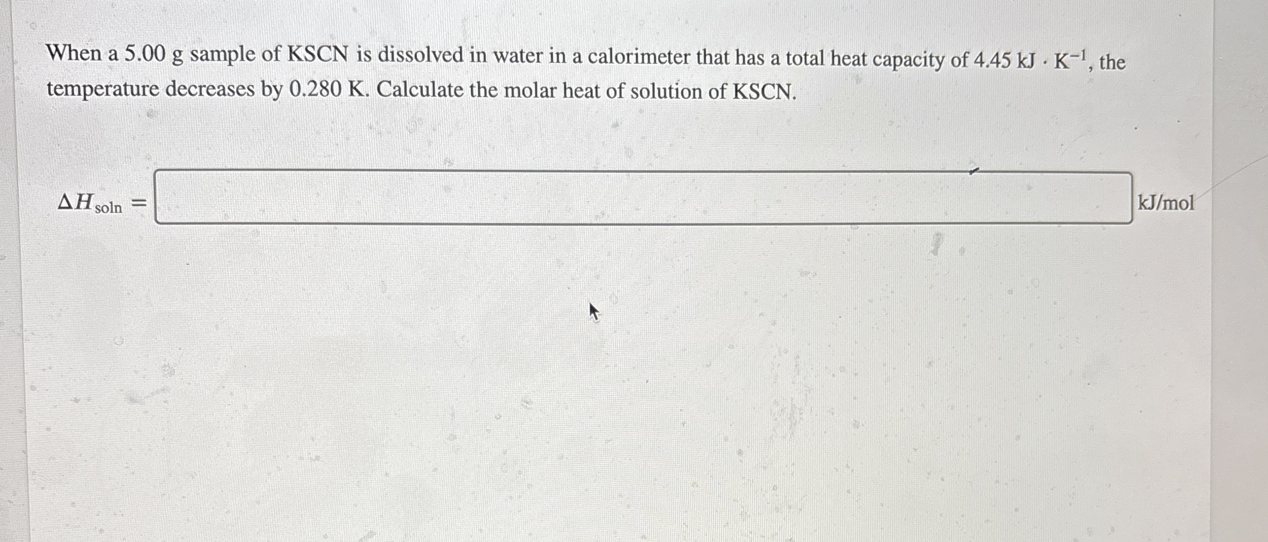 Solved When a 5.00 ﻿g sample of KSCN is dissolved in water | Chegg.com