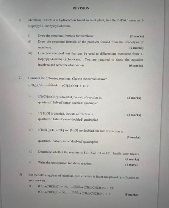 Solved 1) 2) 3) Menthene, which is a hydrocarbon found in | Chegg.com