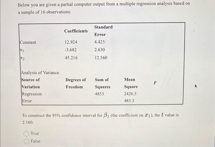 Solved Below you are given a partial computer output from a | Chegg.com