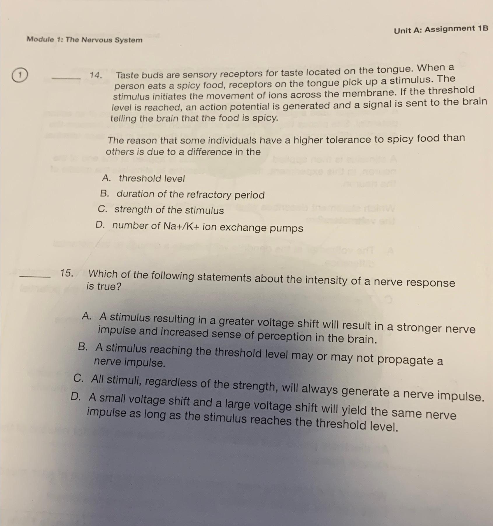 Solved Module 1: The Nervous SystemUnit A: Assignment | Chegg.com