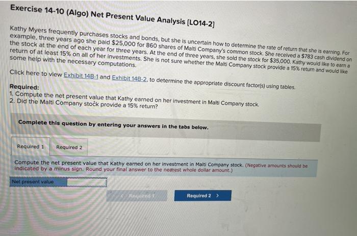Solved Exercise 14-10 (Algo) Net Present Value Analysis | Chegg.com