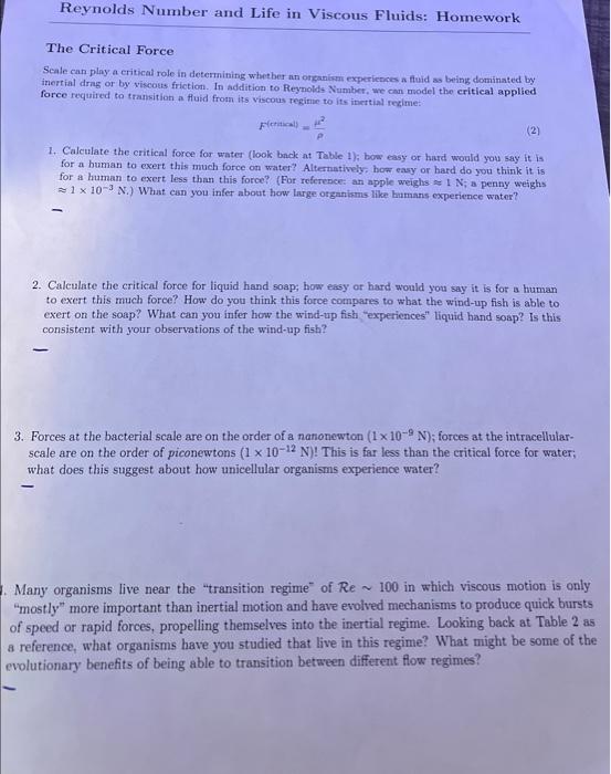 Reynolds Number and Life in Viscous Fluids: Homework | Chegg.com