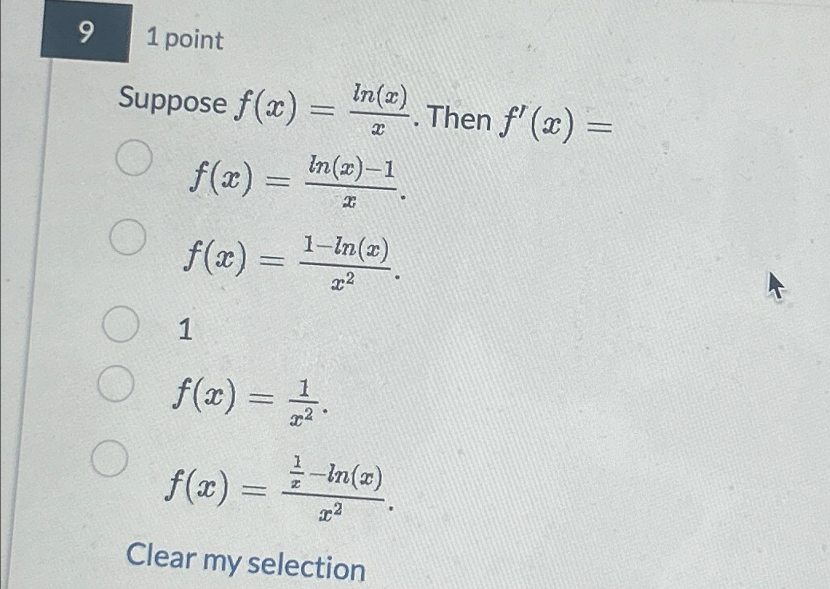 Solved 91 ﻿pointSuppose f(x)=ln(x)x. ﻿Then | Chegg.com