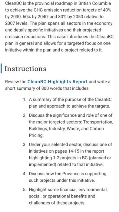 Solved CleanBC is the provincial roadmap in British Columbia | Chegg.com