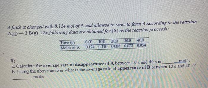 Solved A flask is charged with 0.124 mol of A and allowed to | Chegg.com