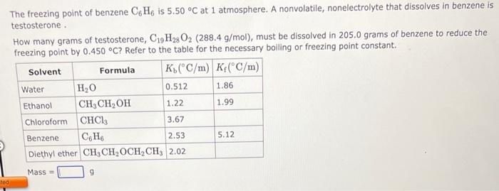 Solved The freezing point of benzene C6H6 is 5.50∘C at 1 | Chegg.com