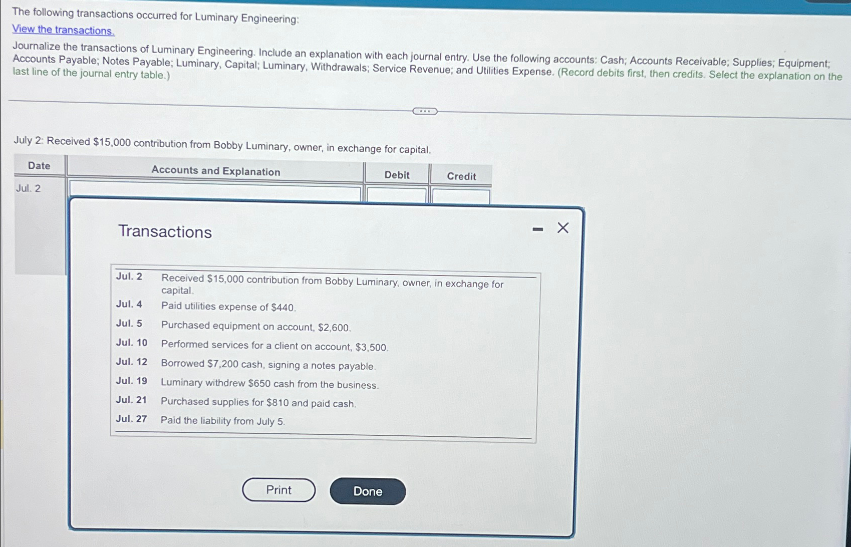 Solved The following transactions occurred for Luminary | Chegg.com