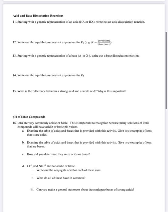 Solved Acid And Base Dissociation Reactions 11 Starting
