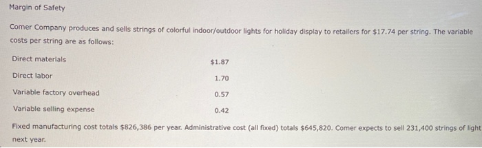 Solved Margin of Safety Comer Company produces and sells | Chegg.com