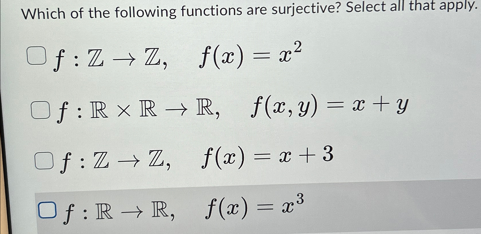 Solved Which of the following functions are surjective? | Chegg.com