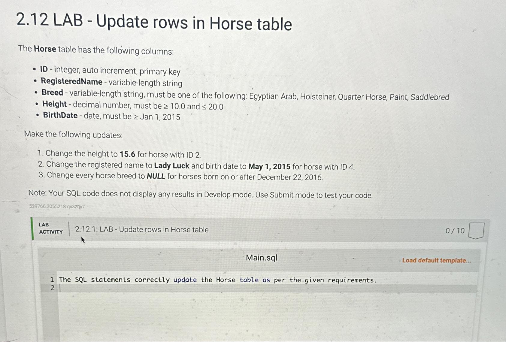2.12 ﻿LAB - ﻿Update rows in Horse tableThe Horse | Chegg.com