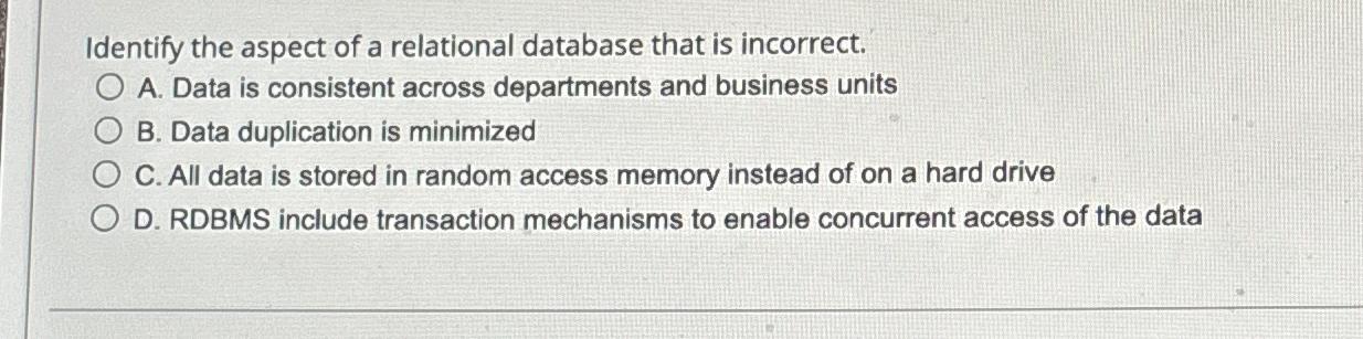 Solved Identify the aspect of a relational database that is | Chegg.com