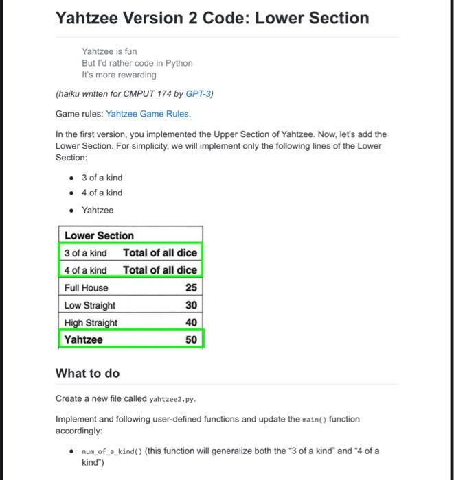 Solved What to do Create a new file called yahtzee2,py. | Chegg.com