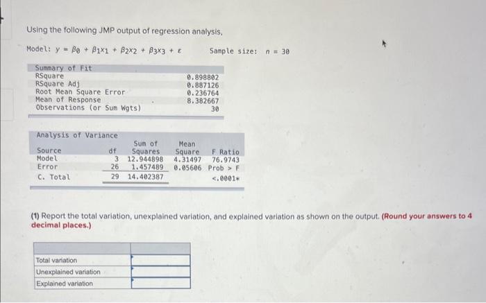 Solved Using the following JMP output of regression | Chegg.com