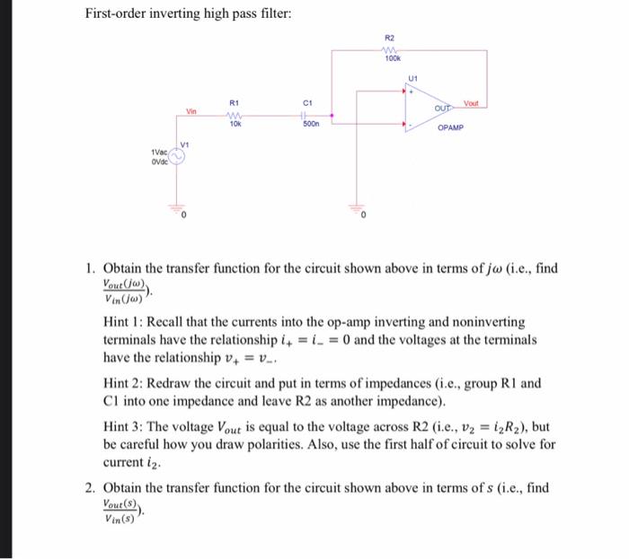 Solved First-order inverting high pass filter: R2 M 100k U1 | Chegg.com