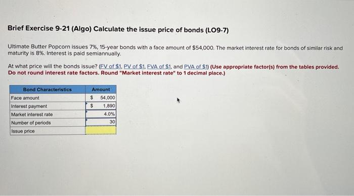 Solved Brief Exercise 9-21 (Algo) Calculate the issue price | Chegg.com
