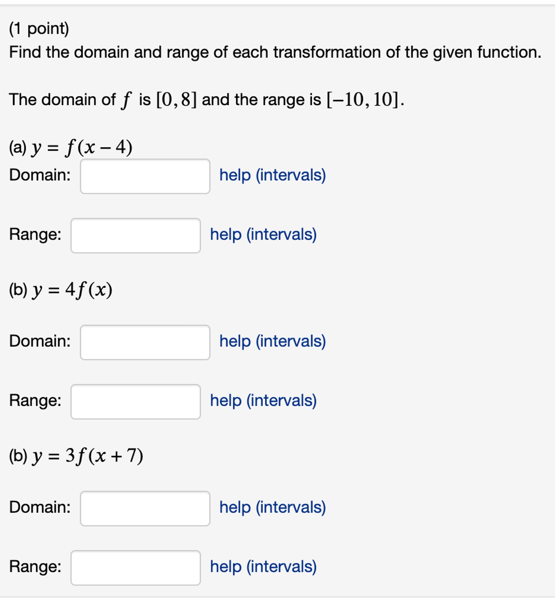 Solved (1 ﻿point)Find the domain and range of each | Chegg.com