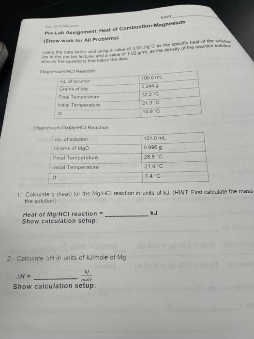 Solved Pre-Lab Assignment: Heat of Combustion-Magnesium | Chegg.com