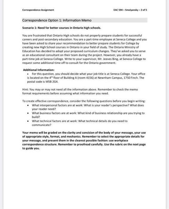 Solved Correspondence Assignment EAC S94 - Smolyansky - 2 of | Chegg.com