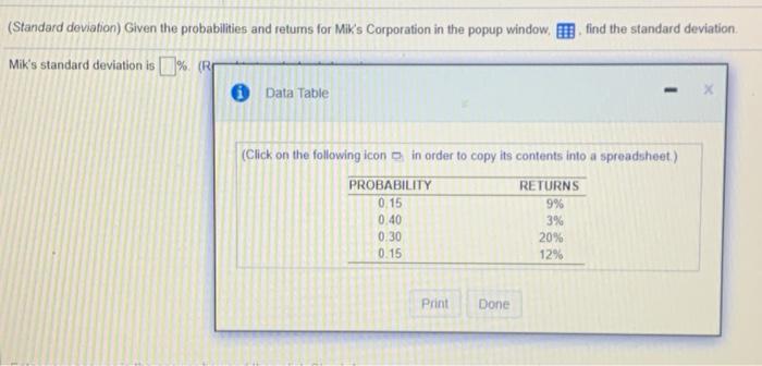 Solved (Standard deviation) Given the probabilities and | Chegg.com