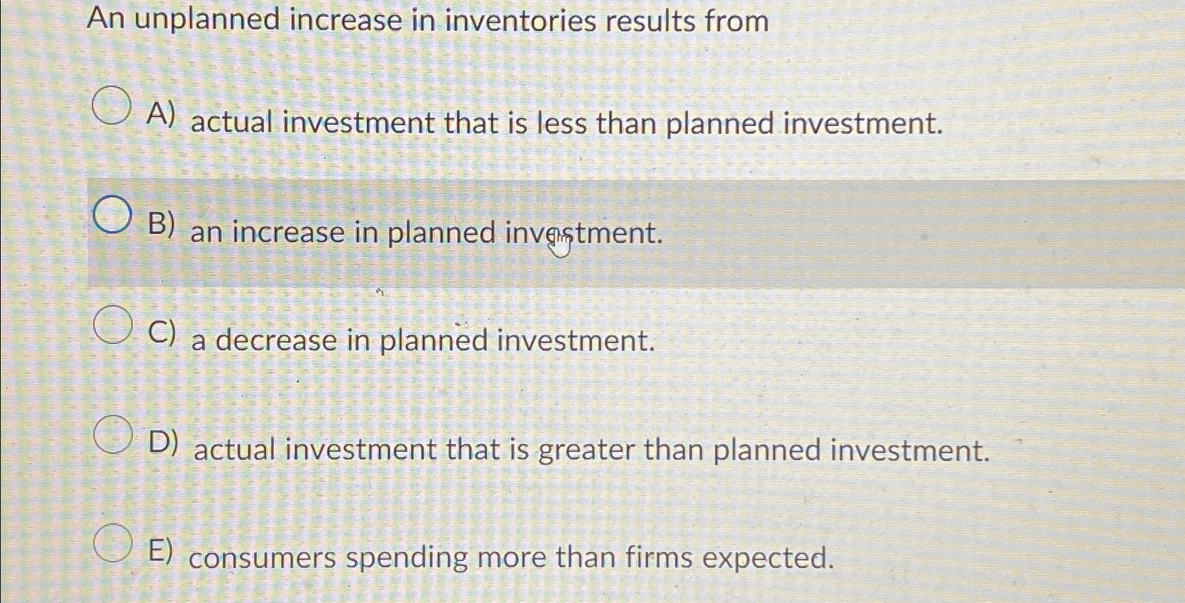 Solved An unplanned increase in inventories results fromA) | Chegg.com