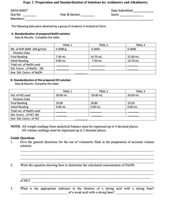 Solved Expt. 2 Preparation and Standardization of Solutions | Chegg.com