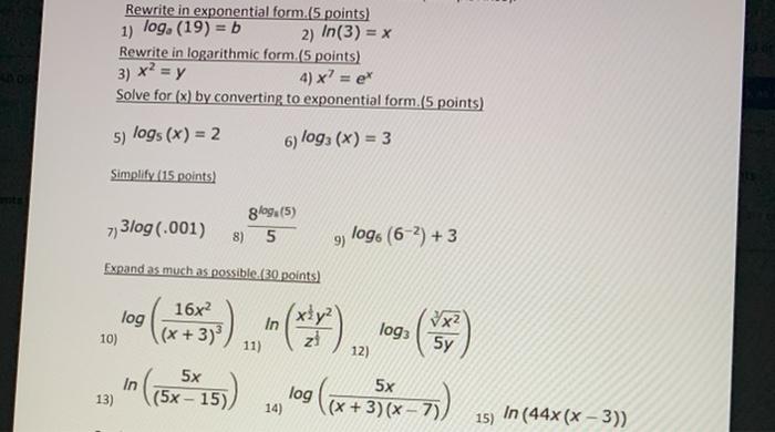 Solved Rewrite in exponential form.(5 points) 1) log, (19) = | Chegg.com