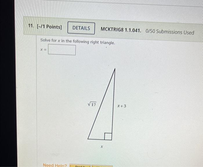 Solved Solve for x in the following right triangle. | Chegg.com