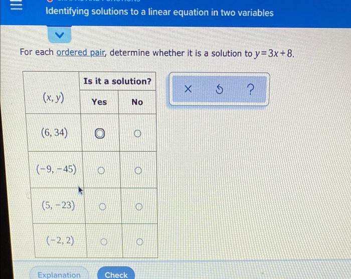 Solved = Identifying solutions to a linear equation in two | Chegg.com