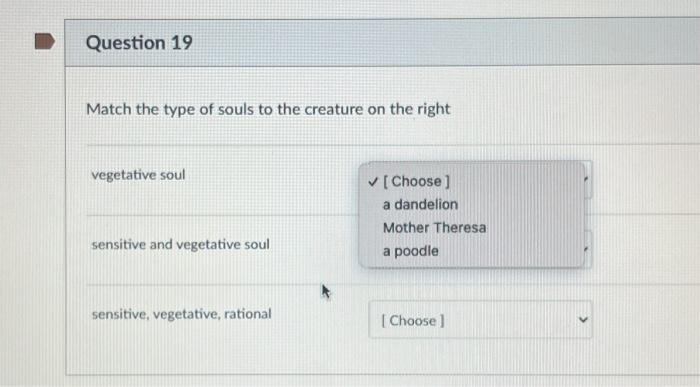 Solved Question 19 Match the type of souls to the creature | Chegg.com