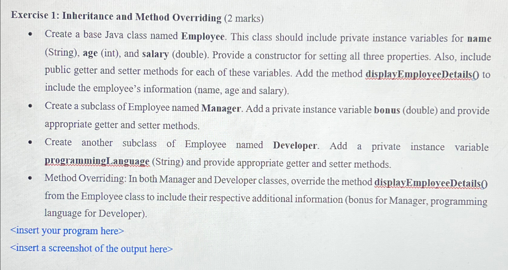 Solved Exercise 1: Inheritance and Method Overriding (2 | Chegg.com