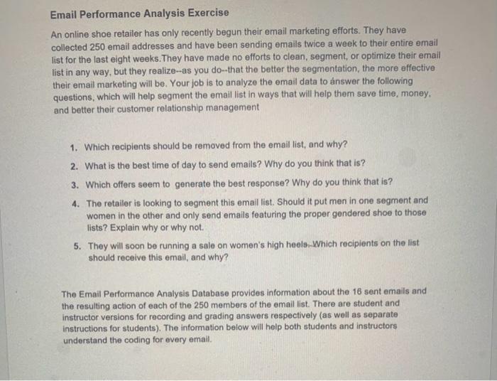 Solved Email Performance Analysis Exercise An online shoe | Chegg.com