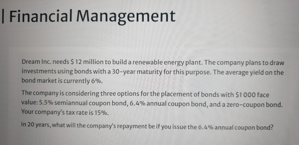 Solved Financial Management Dream Inc. needs $ 12 million to | Chegg.com