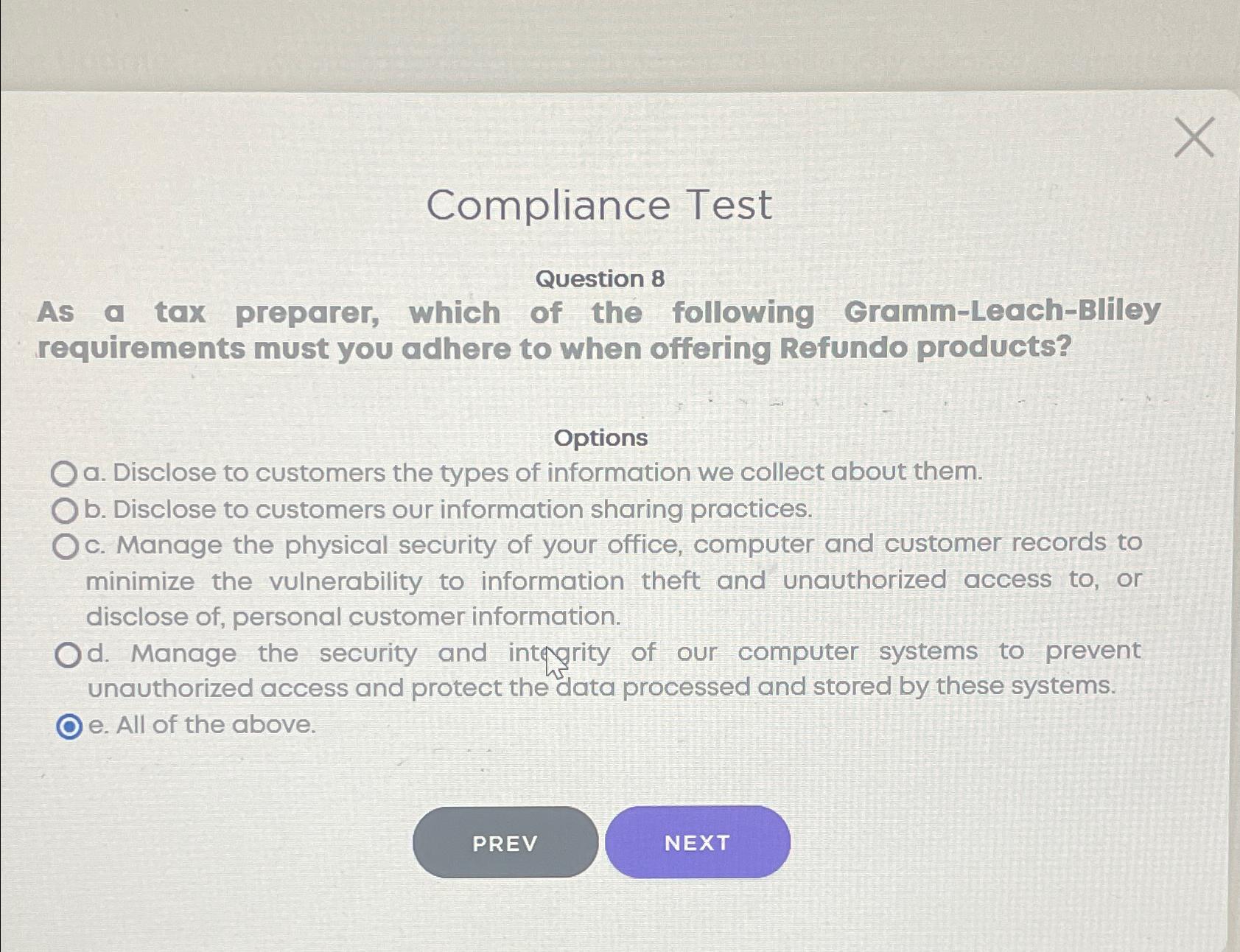 Solved Compliance TestQuestion 8As a tax preparer, which of | Chegg.com