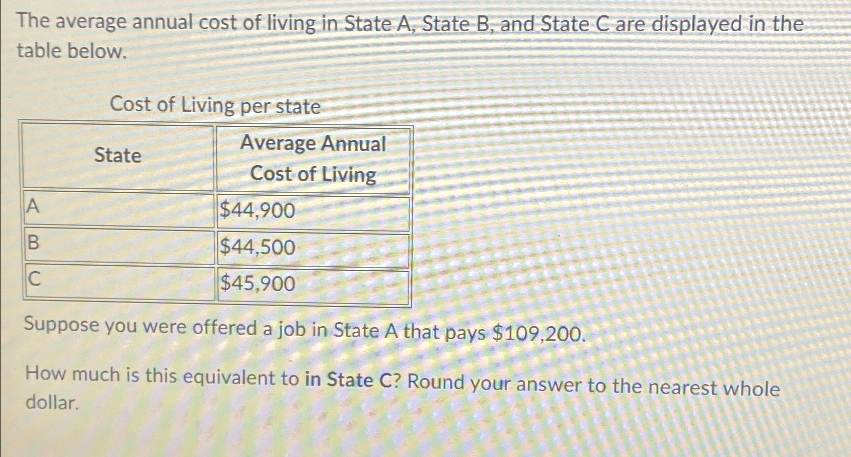 Solved The average annual cost of living in State A, State | Chegg.com Solved The average annual cost of living in State A, State | Chegg.com