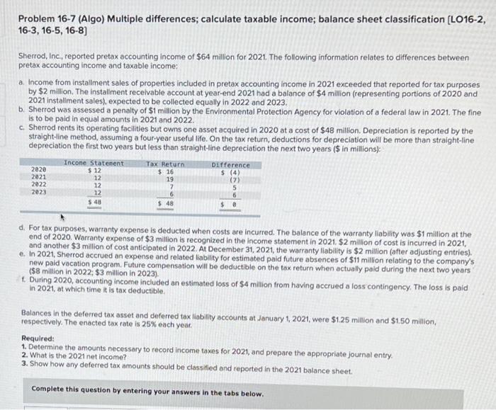 Solved Problem 16-7 (Algo) Multiple differences; calculate | Chegg.com