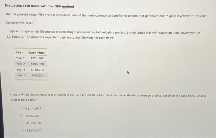 Solved Evaluating cash flows with the NPV method The net | Chegg.com