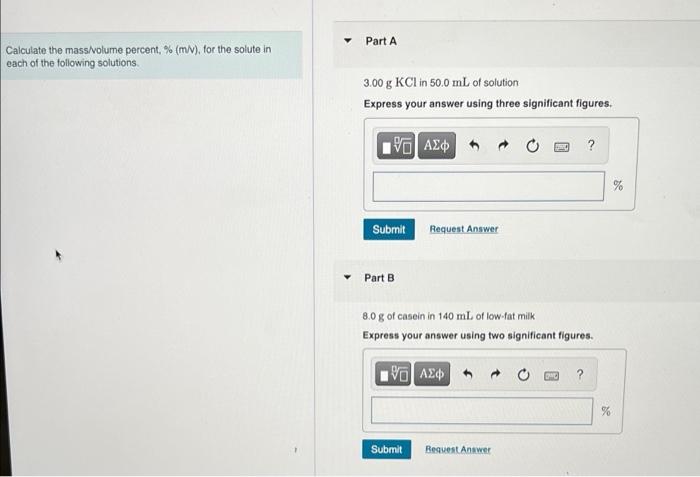 Solved Part A Calculate the mass volume percent. % (m/), for | Chegg.com