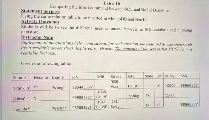 Solved Lab #10 Comparing the insert command between SQL and | Chegg.com