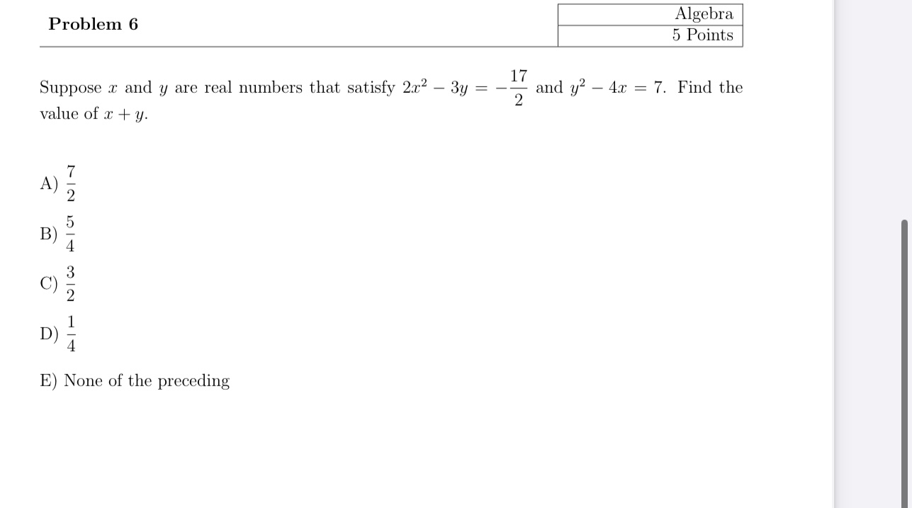 Solved \table[[Problem 6,Algebra],[5 ﻿Points]]Suppose x ﻿and | Chegg.com