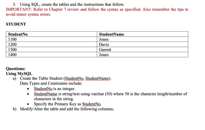 Solved 3 Using Sql Create The Tables And The Instructions 7638