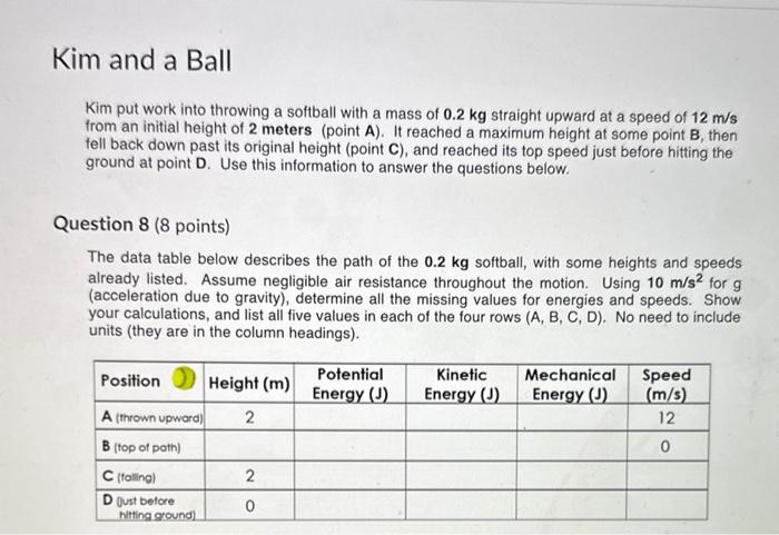 Solved Kim put work into throwing a softball with a mass of | Chegg.com