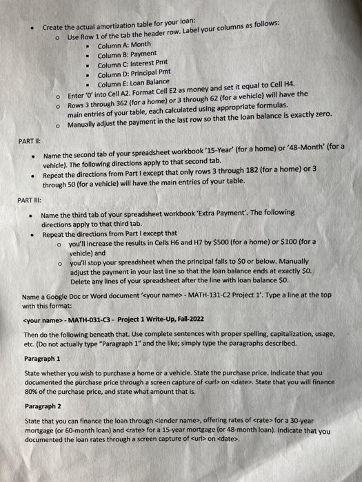 MATH-131-C3 Project 1: Loans Fall 2022 Brief | Chegg.com