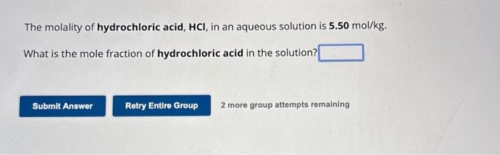 Solved The molality of hydrochloric acid, HCl, in an aqueous | Chegg.com