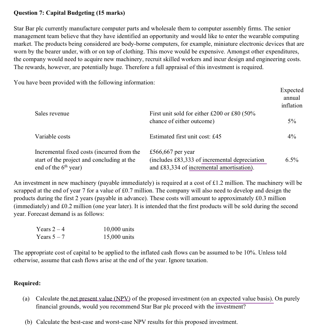 Solved Question 7: Capital Budgeting (15 ﻿marks)Star Bar plc | Chegg.com
