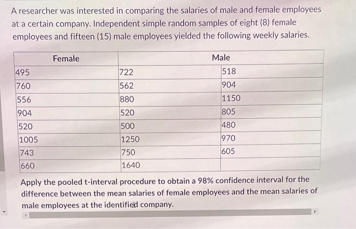 Solved A researcher was interested in comparing the salaries | Chegg.com