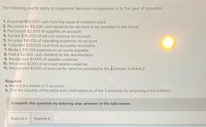Solved The following events apply to Equipment Services | Chegg.com